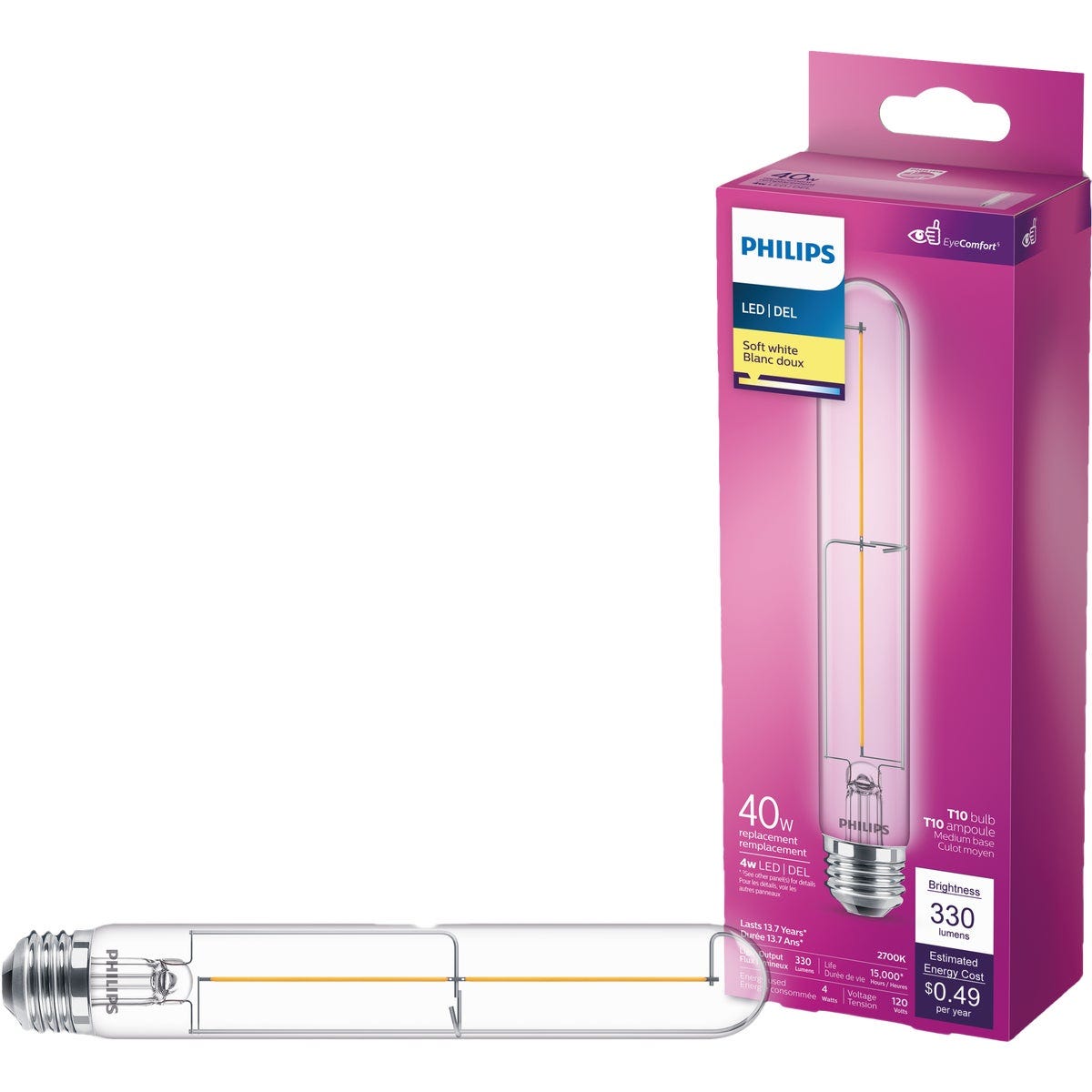 Philips 40W Equivalent Soft White T10 Medium Base Glass Filament LED ...