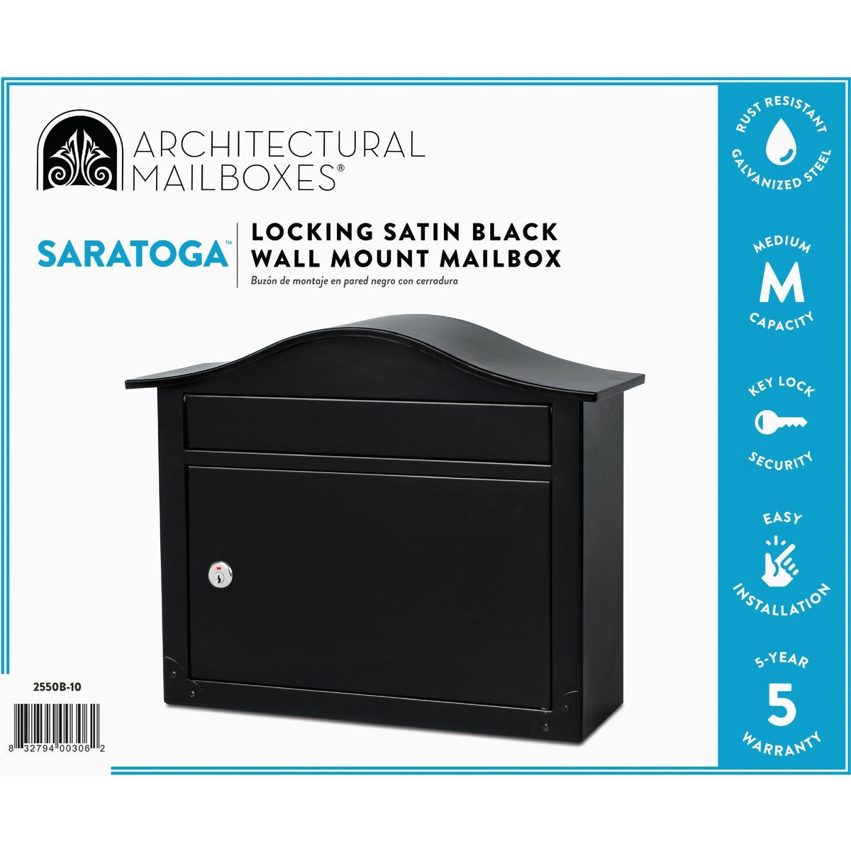 Architectural Mailboxes Saratoga Medium Steel Black Locking Wall Mount ...