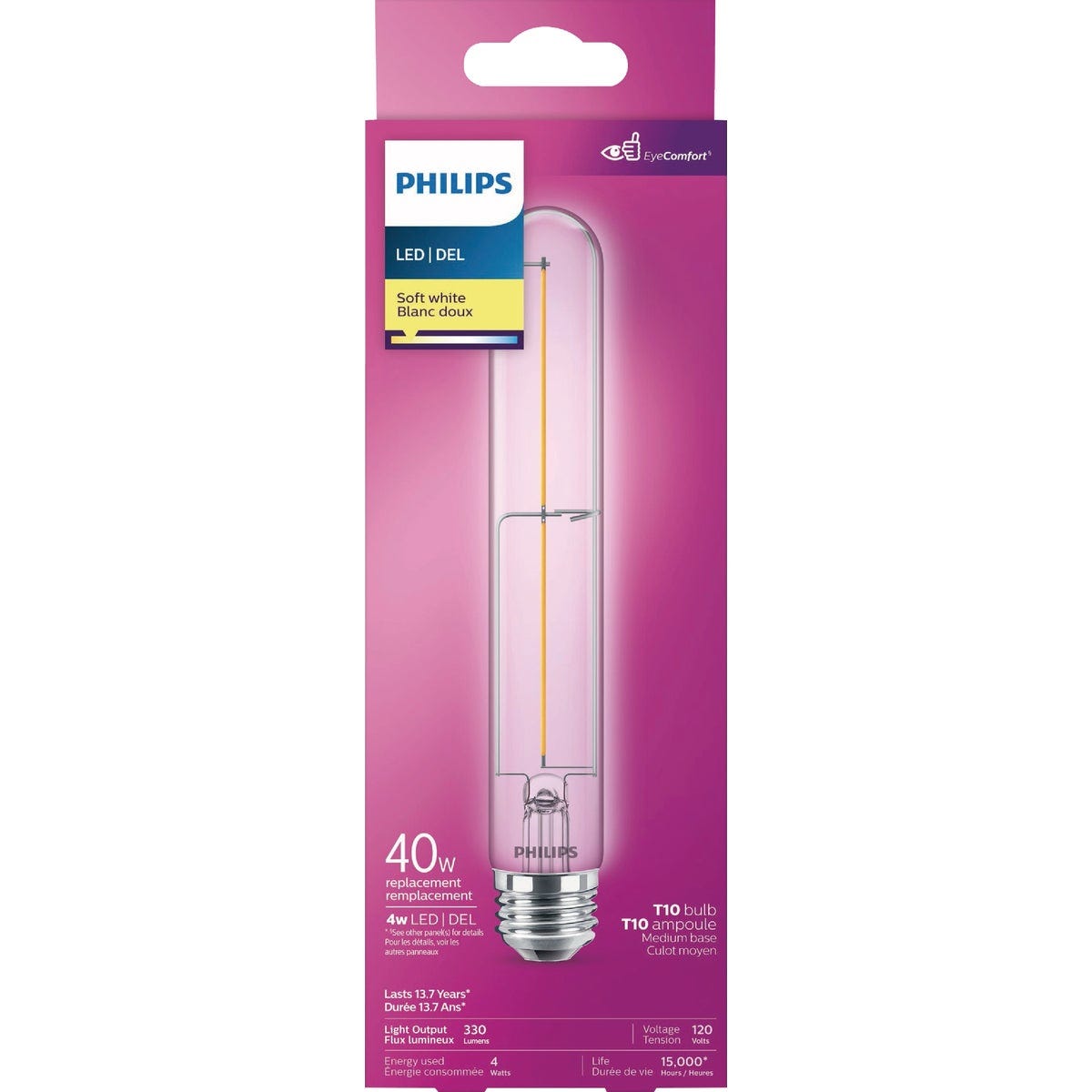 Philips 40W Equivalent Soft White T10 Medium Base Glass Filament LED ...