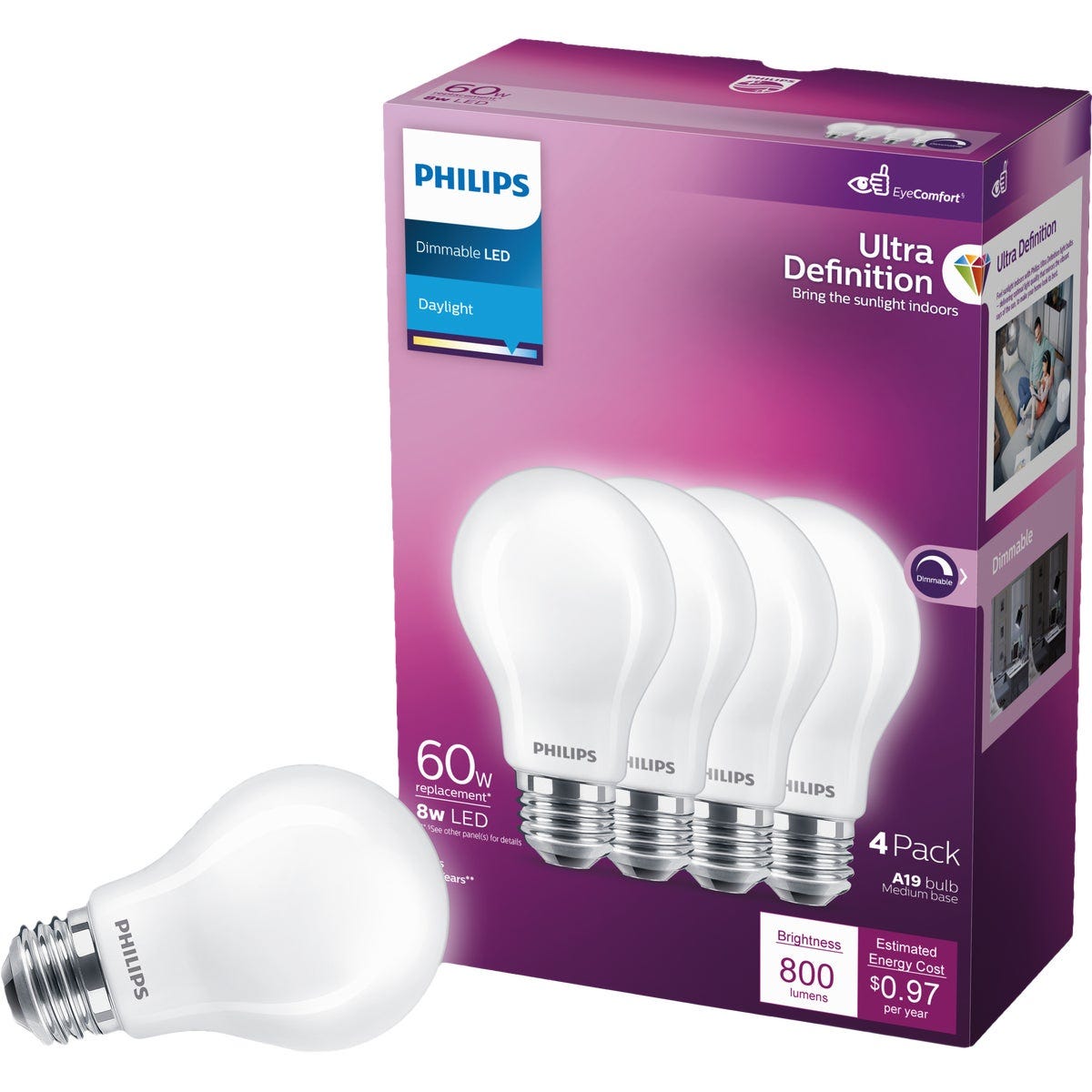 Philips Ultra Definition 60W Equivalent Daylight A19 Medium LED Light ...