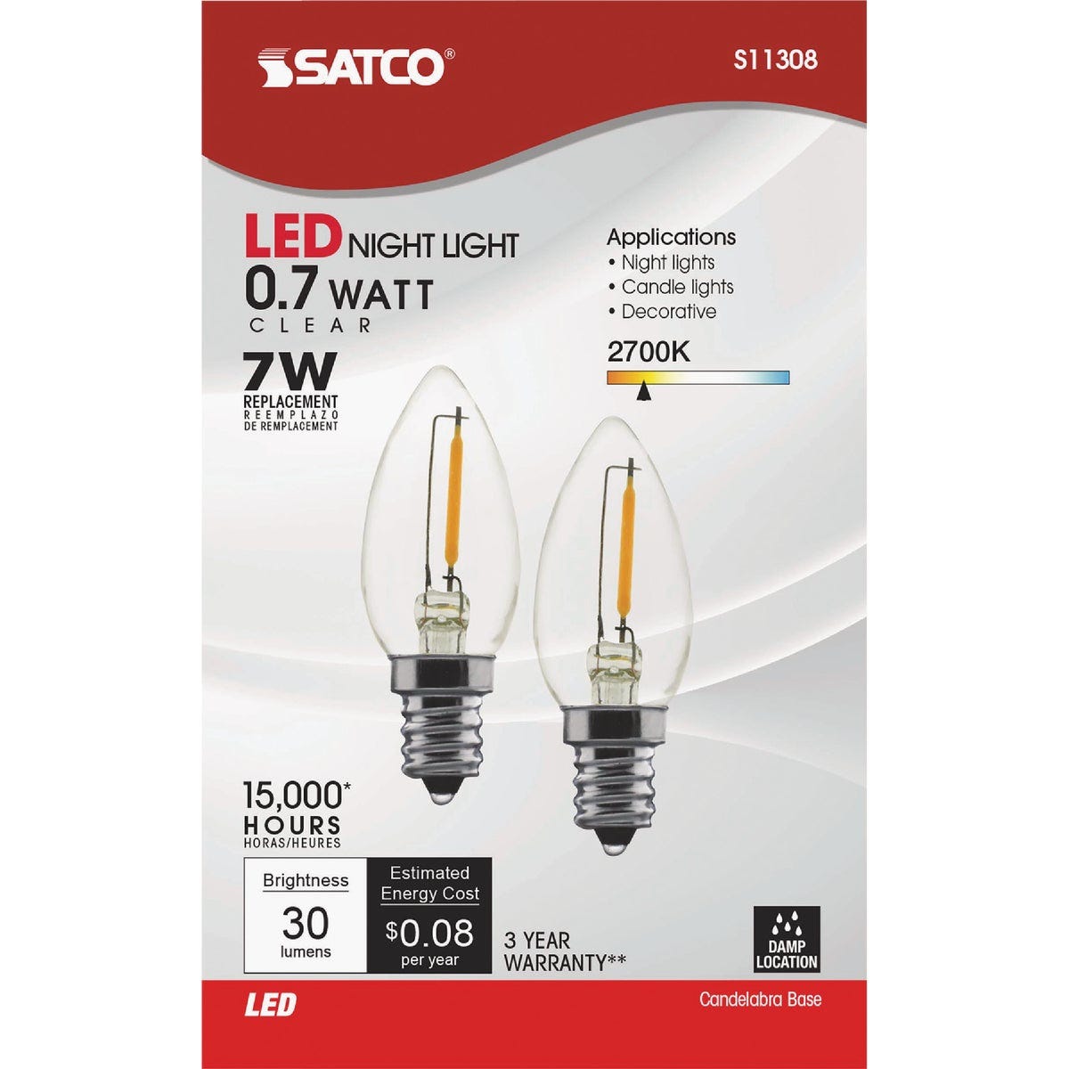 Satco 7W Equivalent C7 Candelabra Base 2700K Clear LED Bulb (2-Pack ...