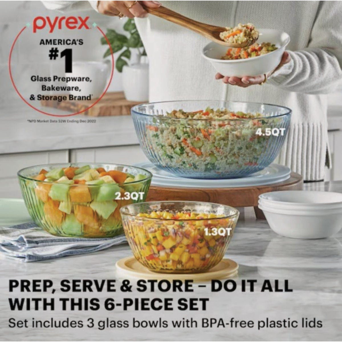 Pyrex Colors Sculpted Tinted Covered Glass Mixing Bowl Set (6-Piece ...