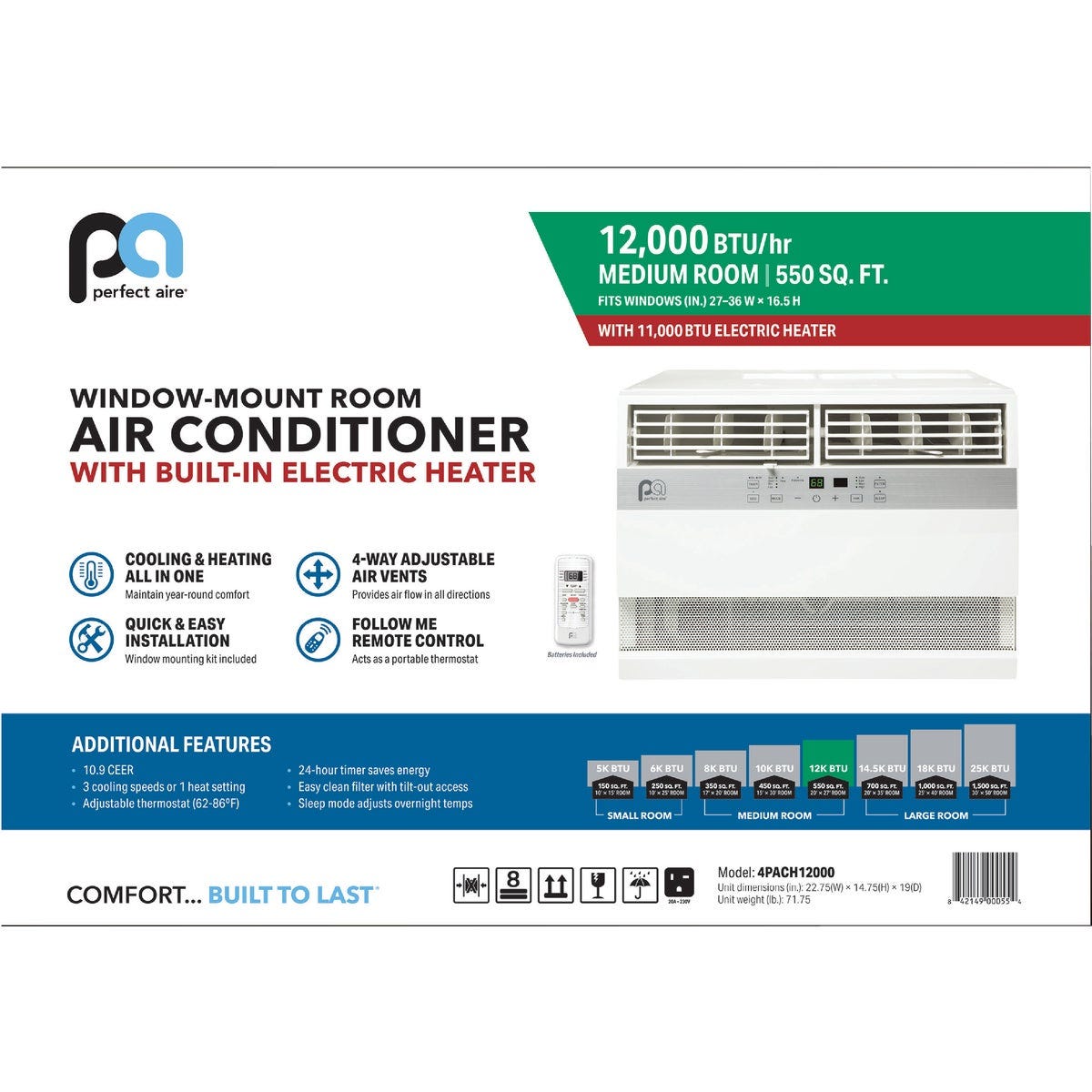 Perfect Aire 12,000 BTU 550 Sq. Ft. Window Air Conditioner and Heater ...